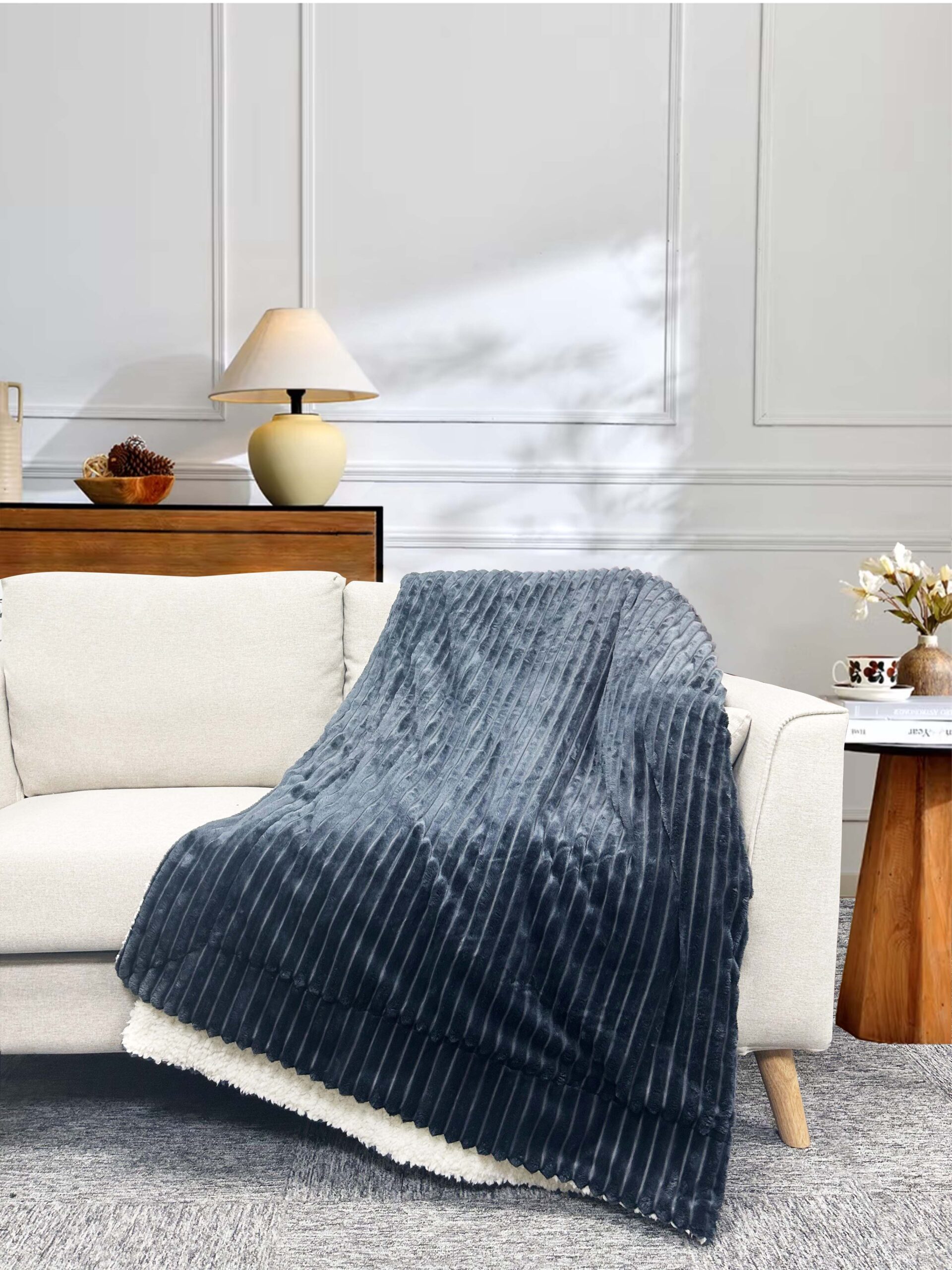 66″x90″ Ribbed Texture Reversible Blue Throw Blanket – vi-fa.com